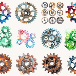 Colorful Gears Clipart Set - 48 Watercolor Gear Pngs - Mechanical Gear ...