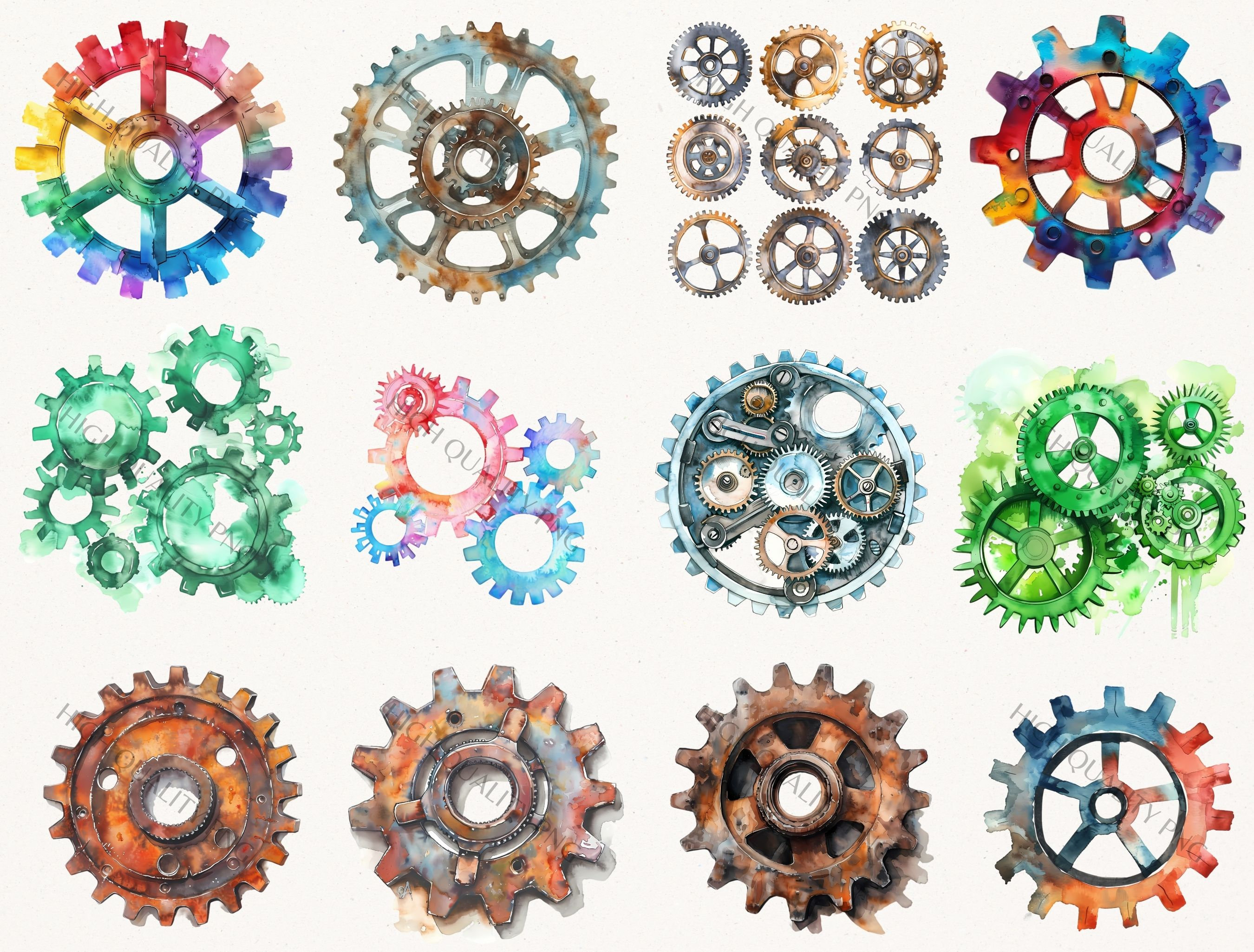 Colorful Gears Clipart Set 48 Watercolor Gear Pngs Mechanical Gear ...