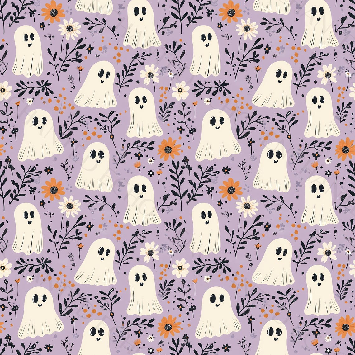 Seamless Halloween Wildflower Ghosts Pattern - Cute Ghost Floral ...