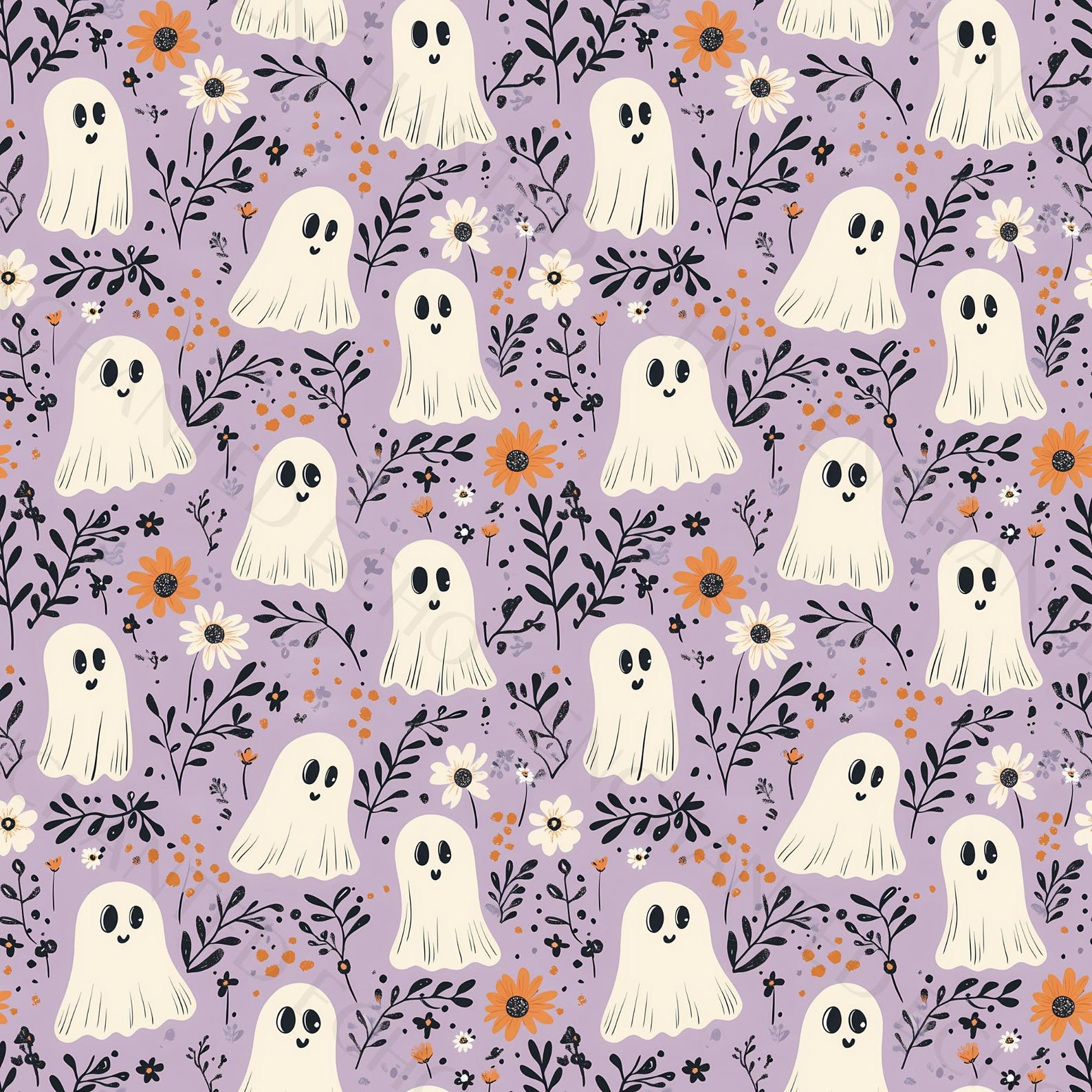 Seamless Halloween Wildflower Ghosts Pattern - Cute Ghost Floral ...