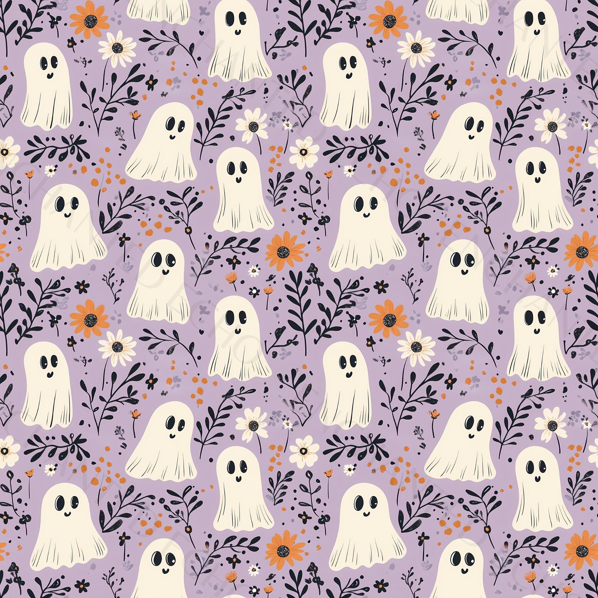 Seamless Halloween Wildflower Ghosts Pattern - Cute Ghost Floral ...