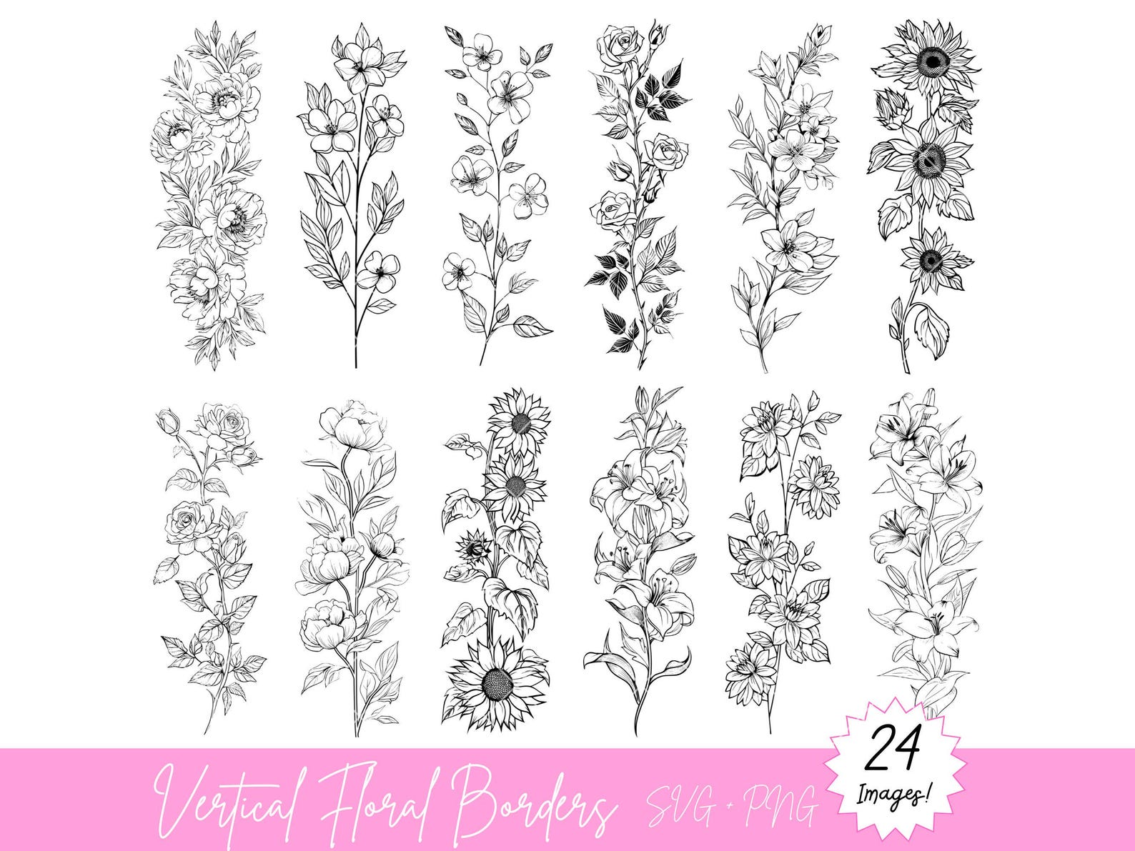 Vertical Floral Borders SVG & PNG Bundle - 24 Flower Images, 48 Total ...