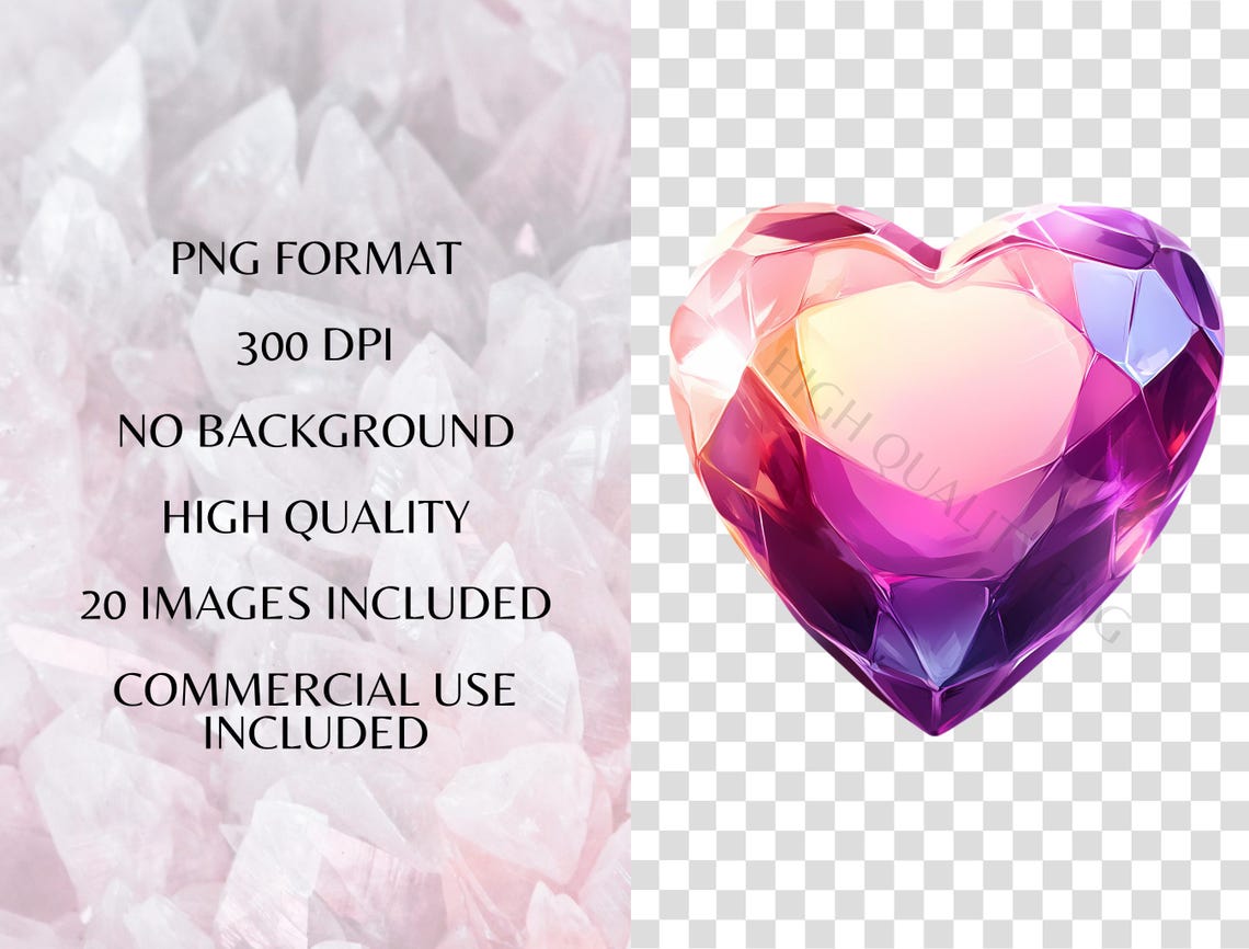 Diamond Heart Clipart Bundle - Watercolor Gem Hearts PNG, Valentines ...