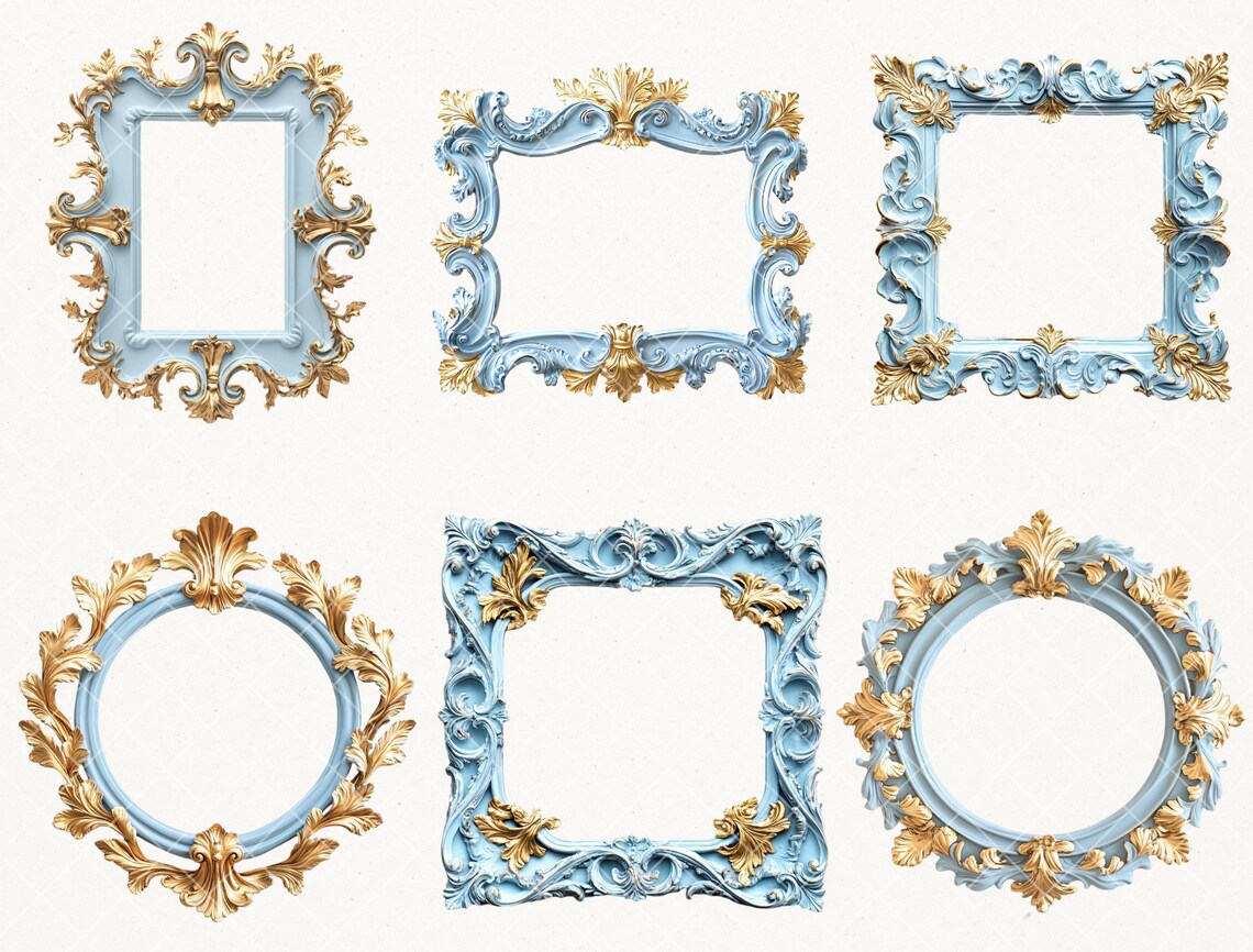 Vintage Blue Rococo Picture Frame Clipart Bundle – Antique Gold Baroque ...
