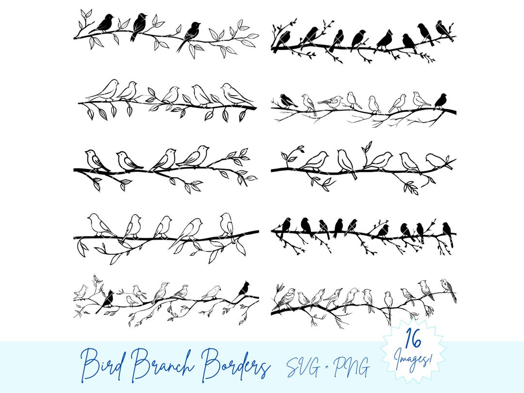 Bird on Branch SVG & PNG Bundle - 16 Birds on Branches Border Images ...