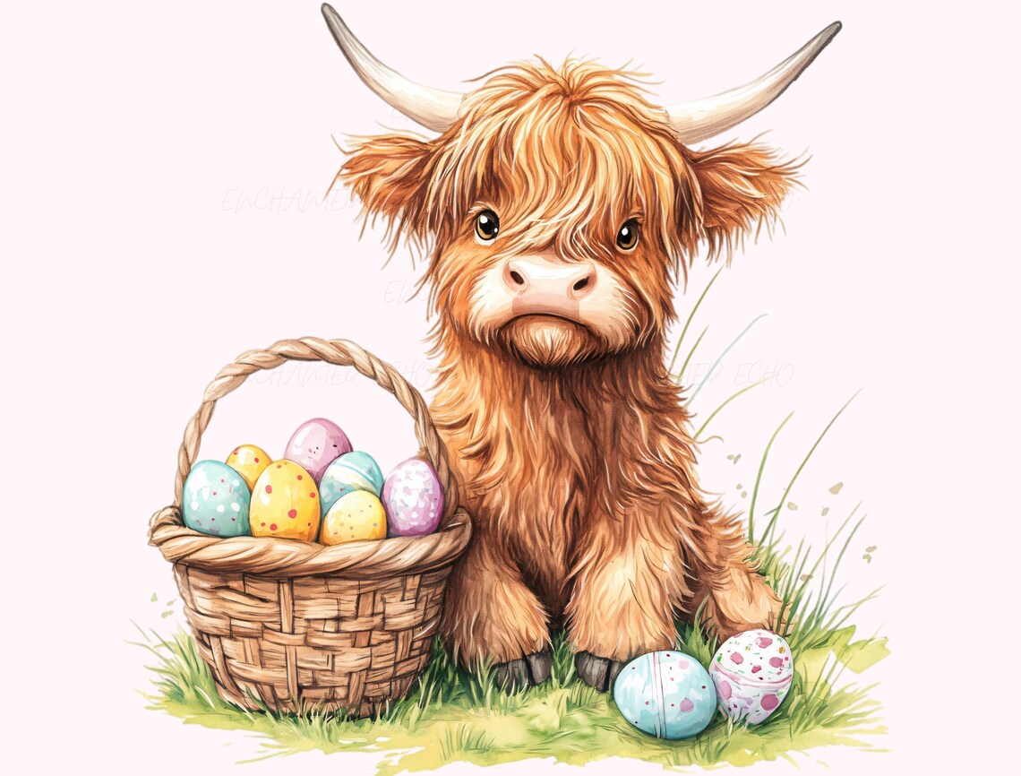 Easter Basket Highland Cow Png - Watercolor Baby Calf Easter Eggs ...