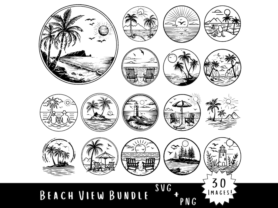 Coastal Beach View SVG & PNG Bundle - 30 Tropical Scene Images Included, 60 Total Files - Beach ...