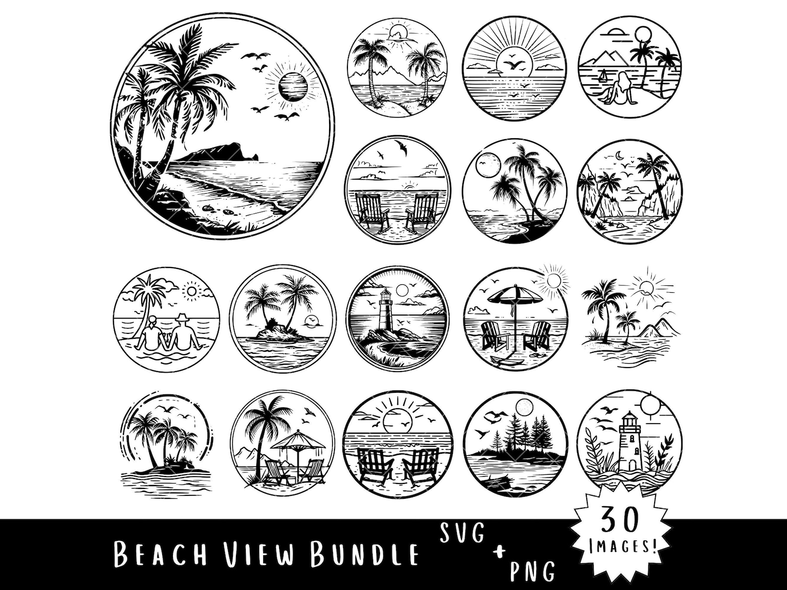 Coastal Beach View SVG & PNG Bundle - Tropical Sunset Beach Scenes ...