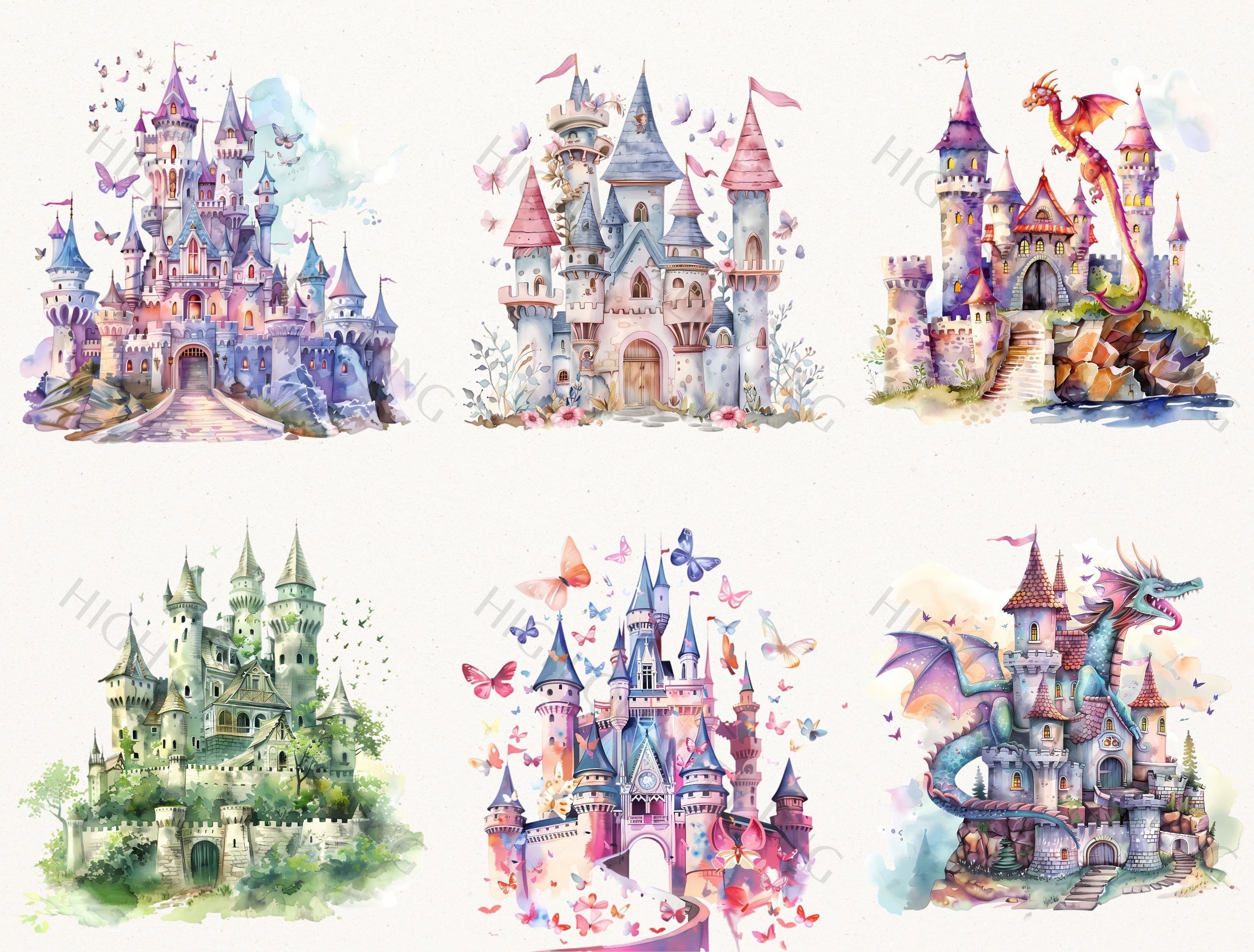 Magical Princess Castle Clipart Set 39 Watercolor Fantasy Castle Pngs ...