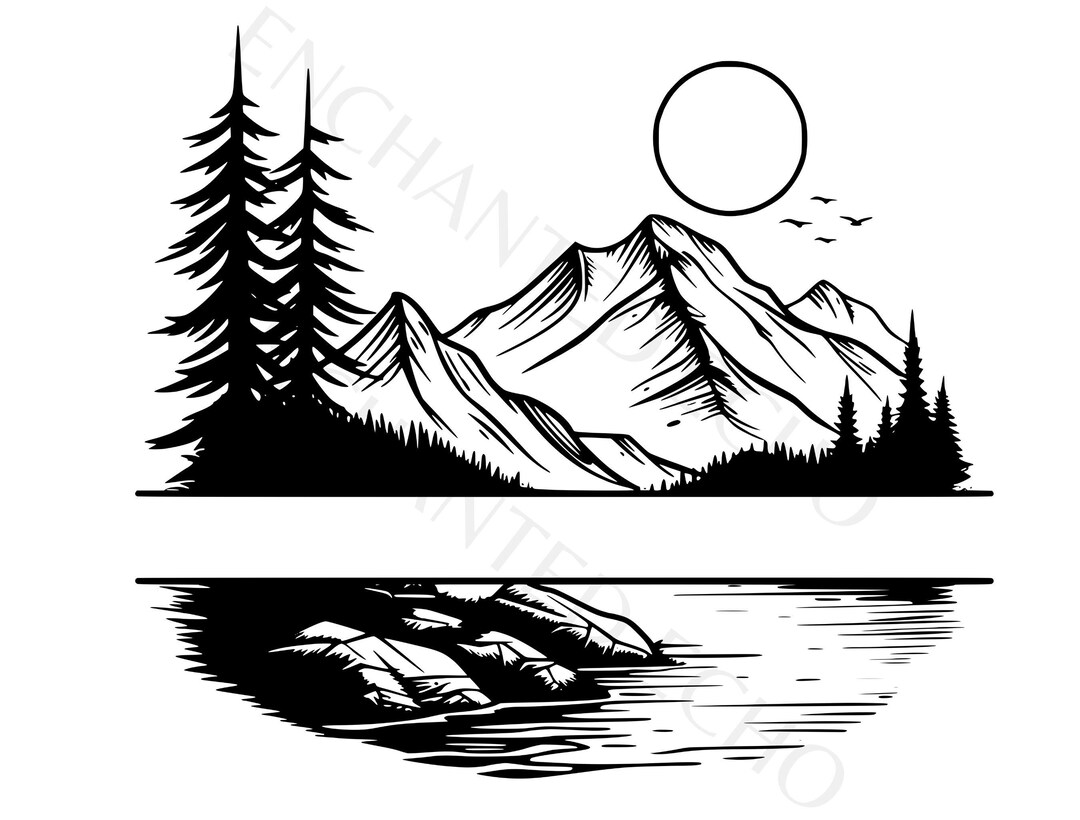 Split Monogram Outdoor Nature Mountains Moon Sun Trees and River Svg ...