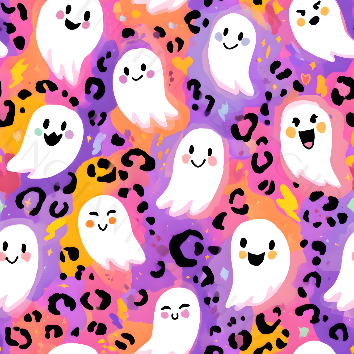 Halloween Ghosts Leopard Print Seamless Pattern Ghost Groovy Retro ...