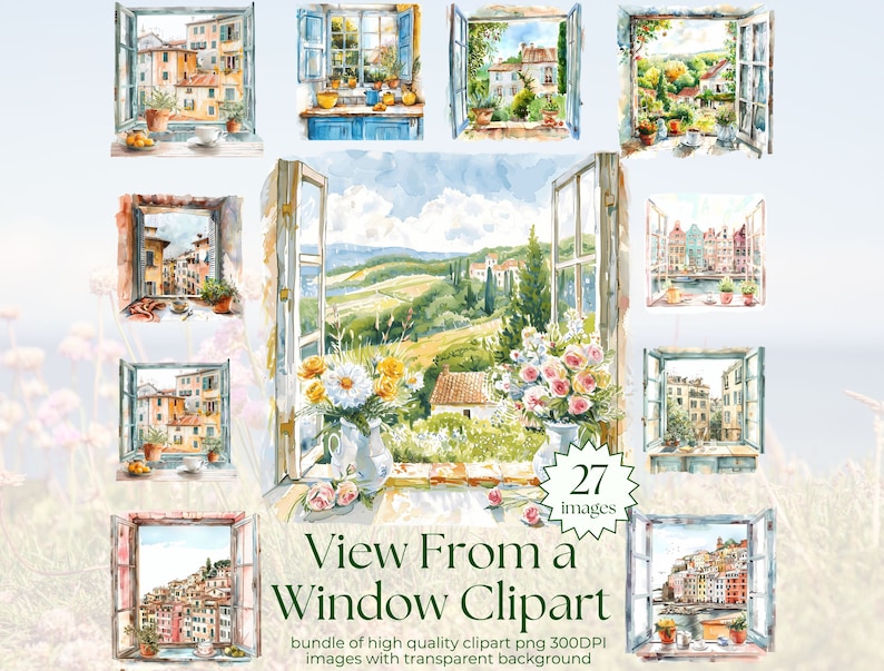 Scenic Window Clipart Bundle Watercolor Spring Windows Pngs Set of 27 ...