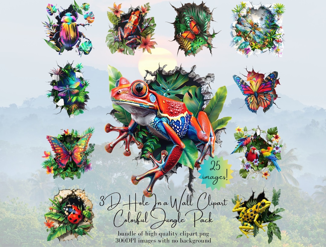 Jungle Animals 3D Crack-in-wall Clipart Bundle - Hole in Wall ...