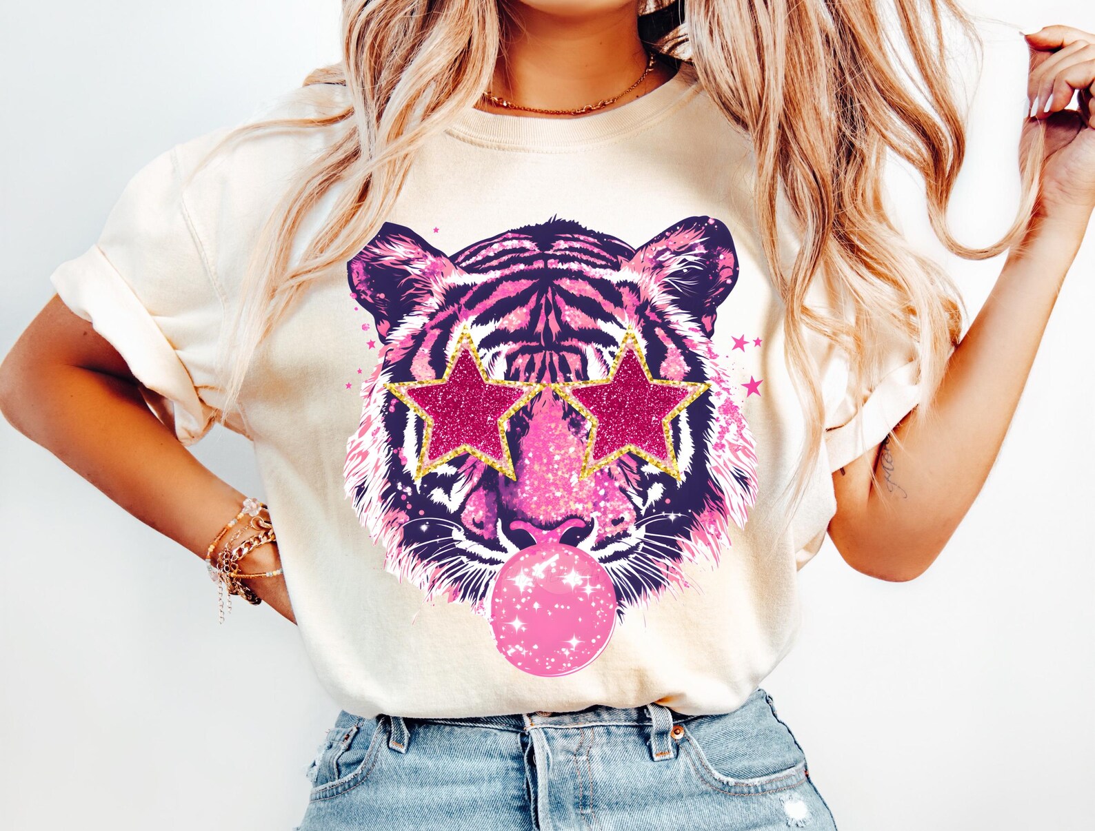 Pink Glitter Tiger Star Eyes PNG, Wild Animal Bubble Gum Mascot Clipart ...