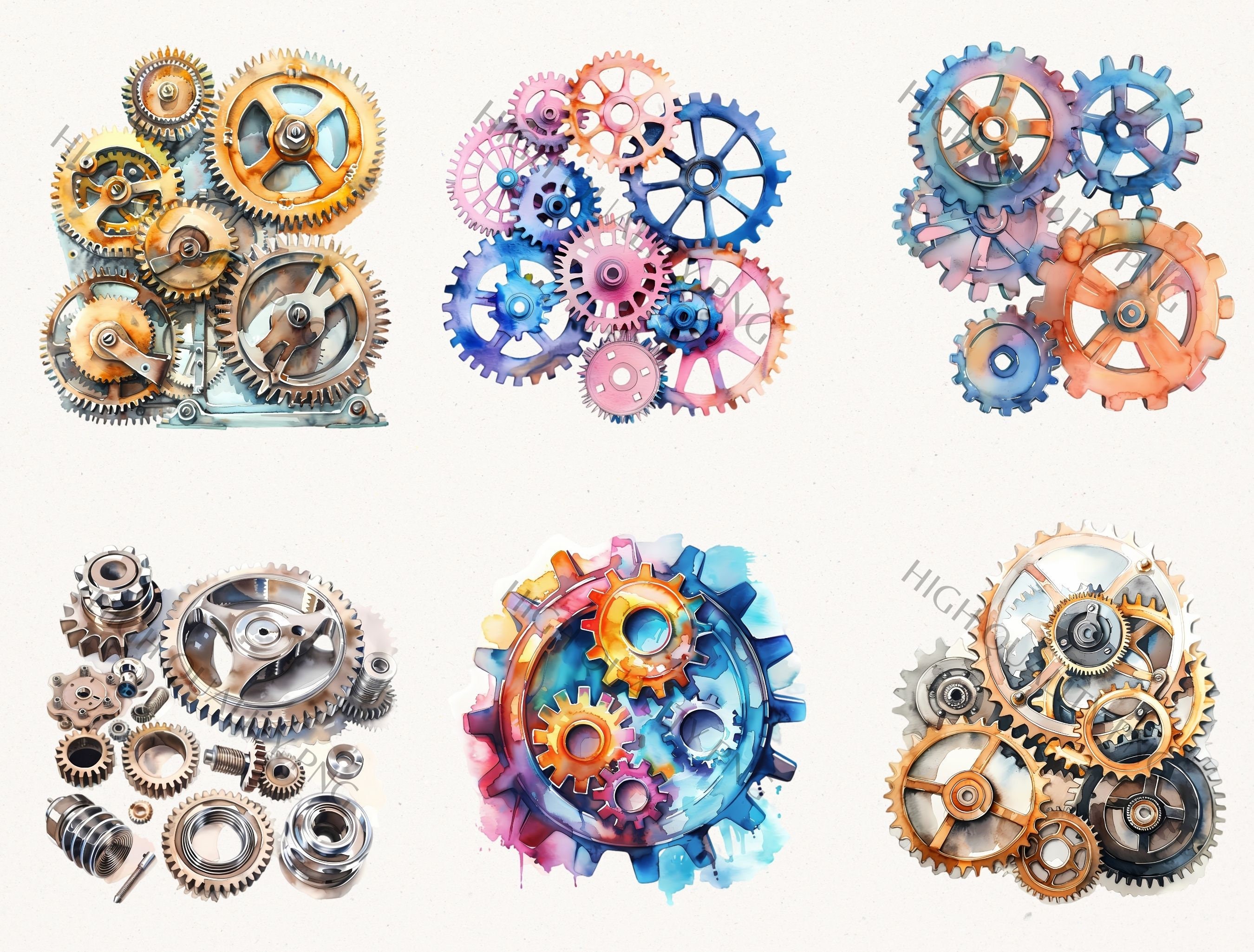 Colorful Gears Clipart Set - 48 Watercolor Gear Pngs - Mechanical Gear ...