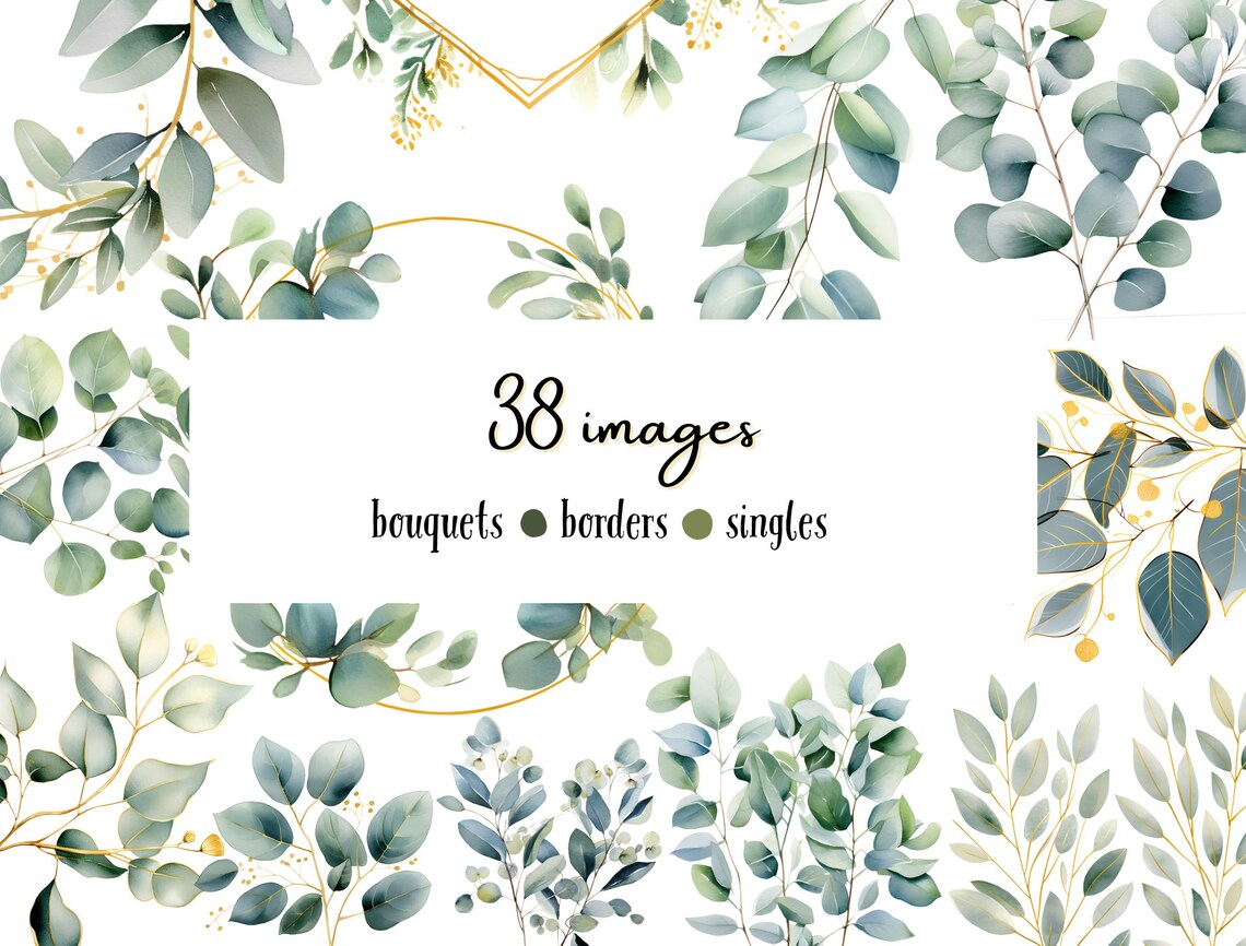 Watercolor Eucalyptus Clipart 38 PNG Greenery Set Baby Shower Green ...