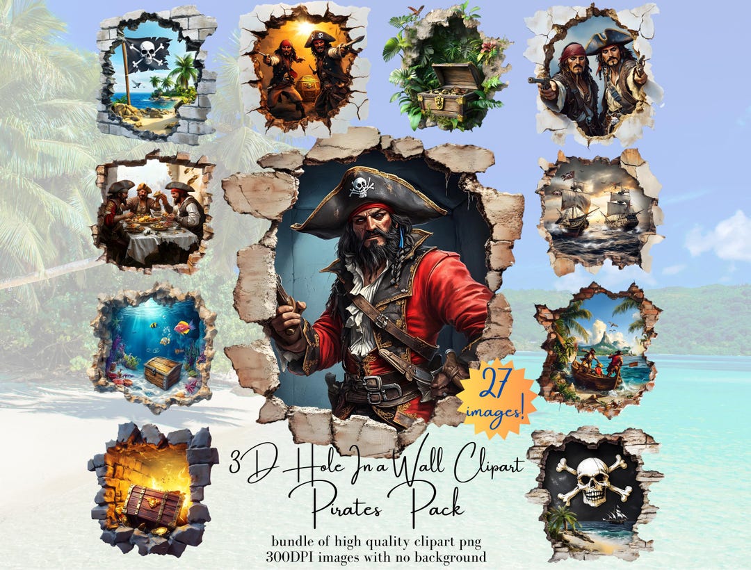 Pirate 3D Hole in a Wall Clipart Bundle - 27 Pngs HD - Undersea Pirates ...