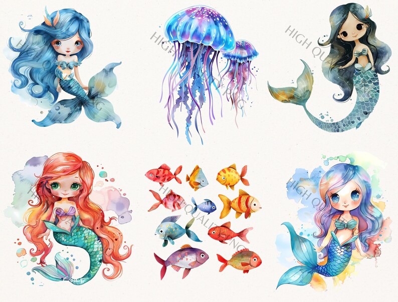 Watercolor Mermaid Clipart Bundle, Fantasy Mermaids Graphics ...