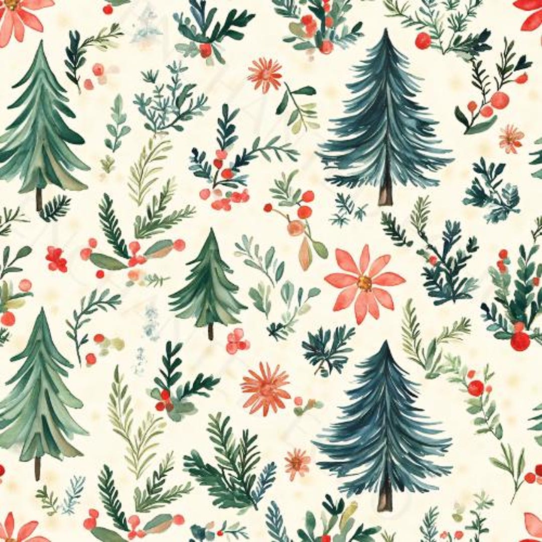 Seamless Cottagecore Christmas Wildflower Tree Pattern Vintage ...