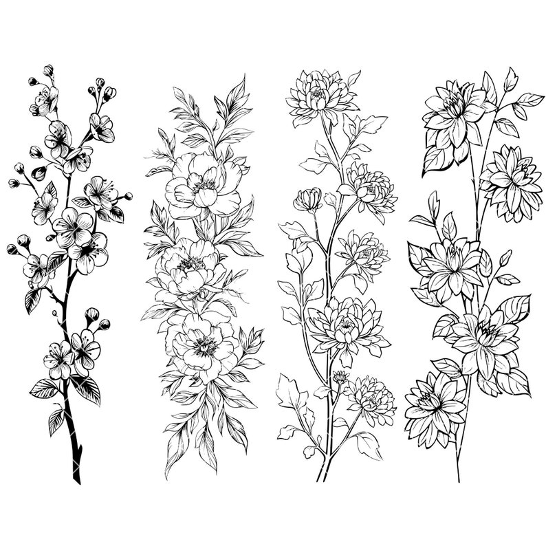 Vertical Floral Borders SVG + PNG Bundle – Delicate Flower Sketch ...