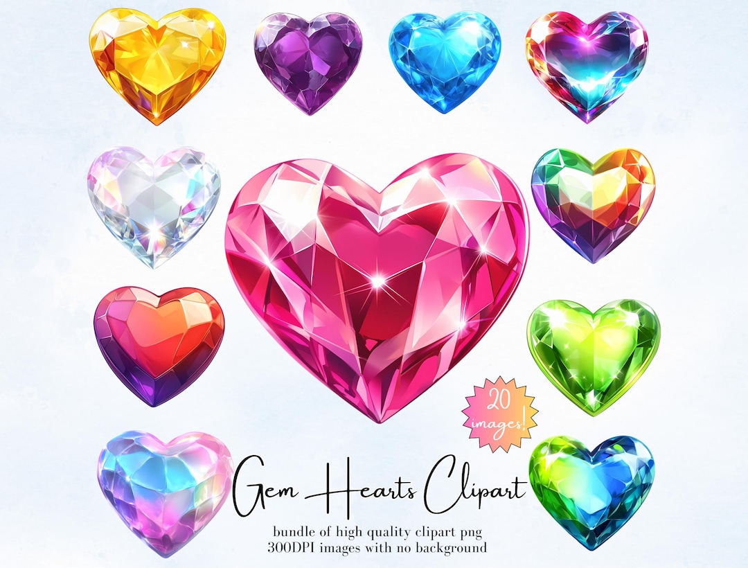 Diamond Heart Clipart Set of 20 Pngs - Gem Hearts Png Bundle - Romantic ...