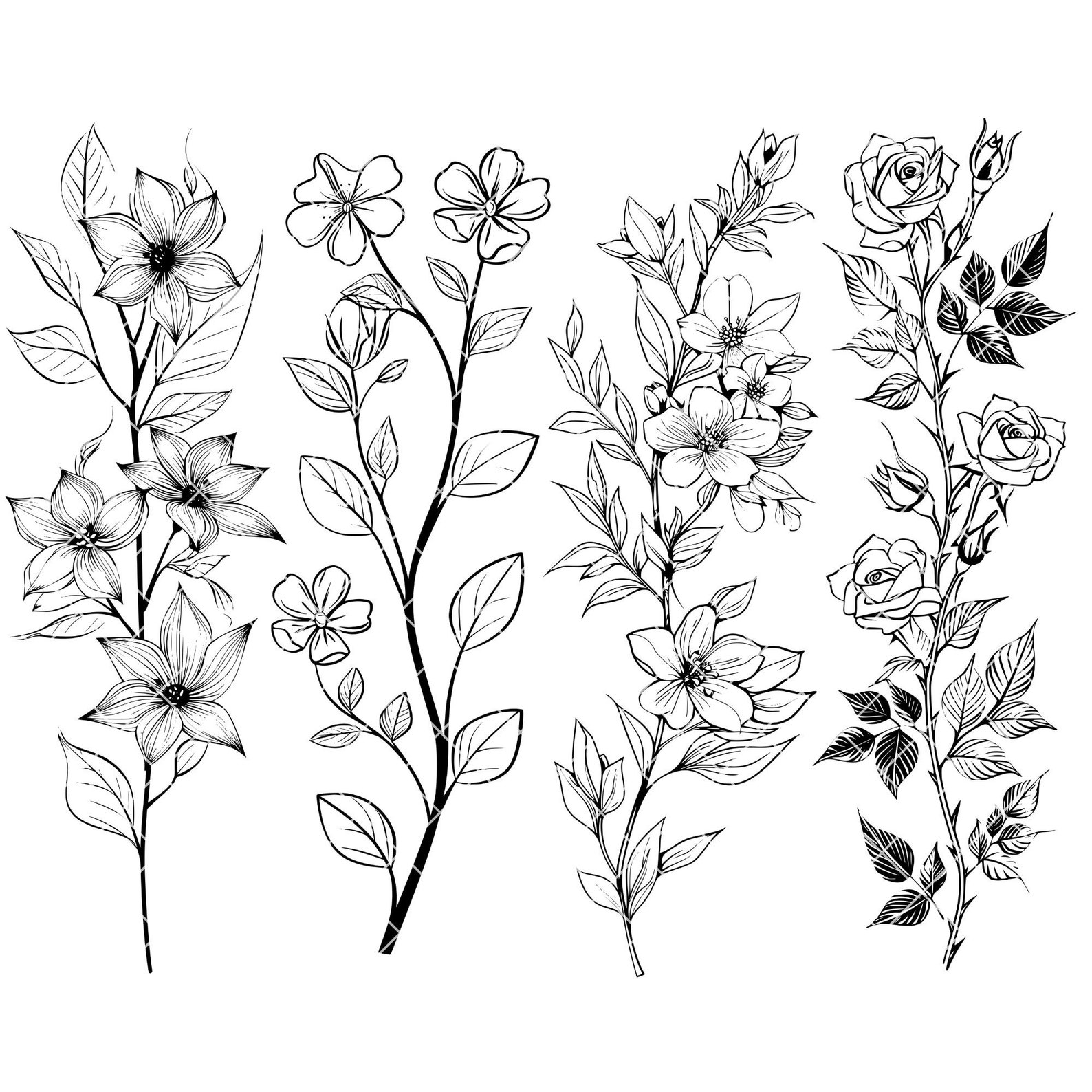 Vertical Floral Borders SVG + PNG Bundle – Delicate Flower Sketch ...