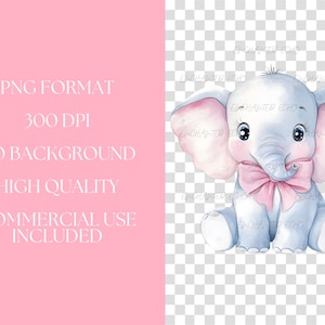 Cute Baby Elephant Clipart - Pink Bow Elephant Nursery Png Watercolor ...