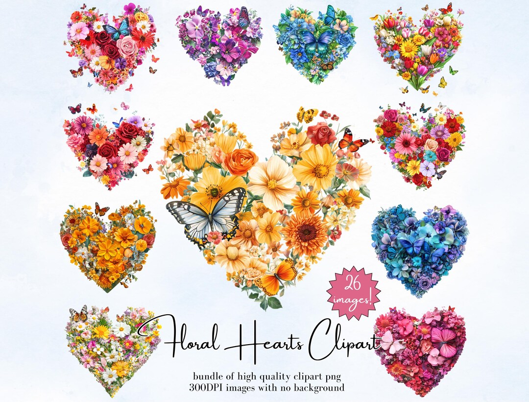 Watercolor Floral Heart Clipart Set - 26 Butterfly Heart Pngs ...