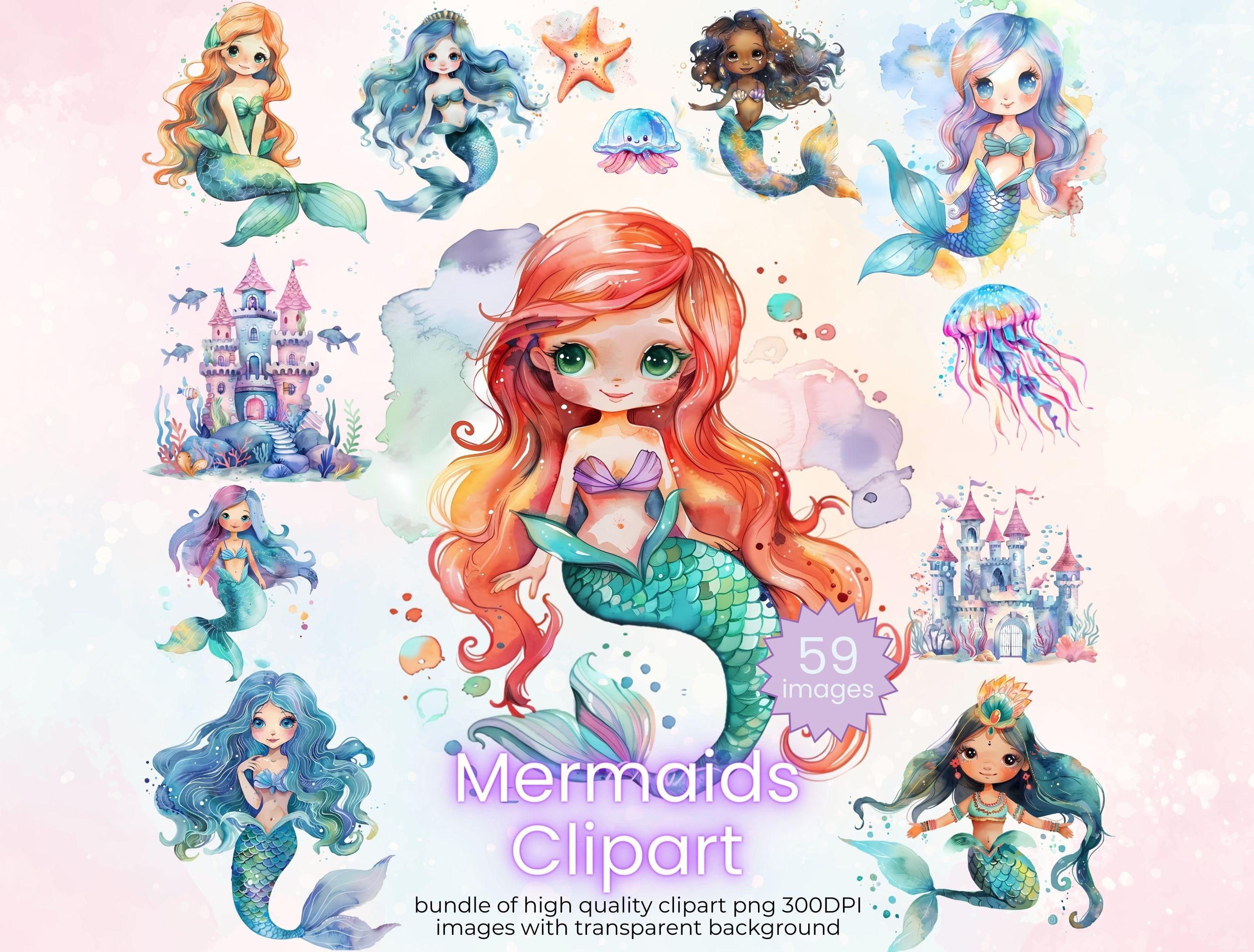 Watercolor Mermaid Clipart Bundle, Fantasy Mermaids Graphics ...
