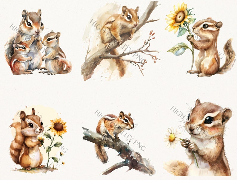 Watercolor Chipmunk Clipart Bundle – Kawaii Chipmunks PNG, Woodland ...