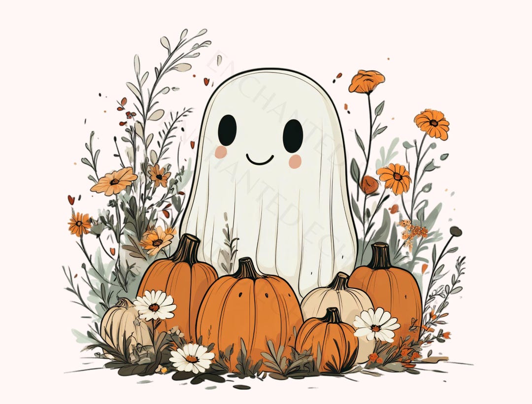 Cute Fall Ghost With Pumpkins and Wildflowers Png, Cottagecore Ghost ...