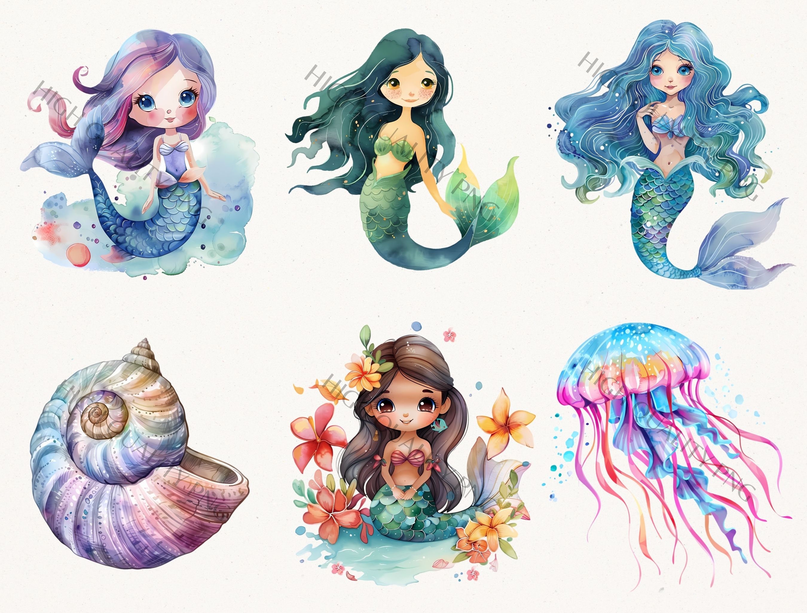 Watercolor Mermaid Clipart Bundle, Fantasy Mermaids Graphics ...