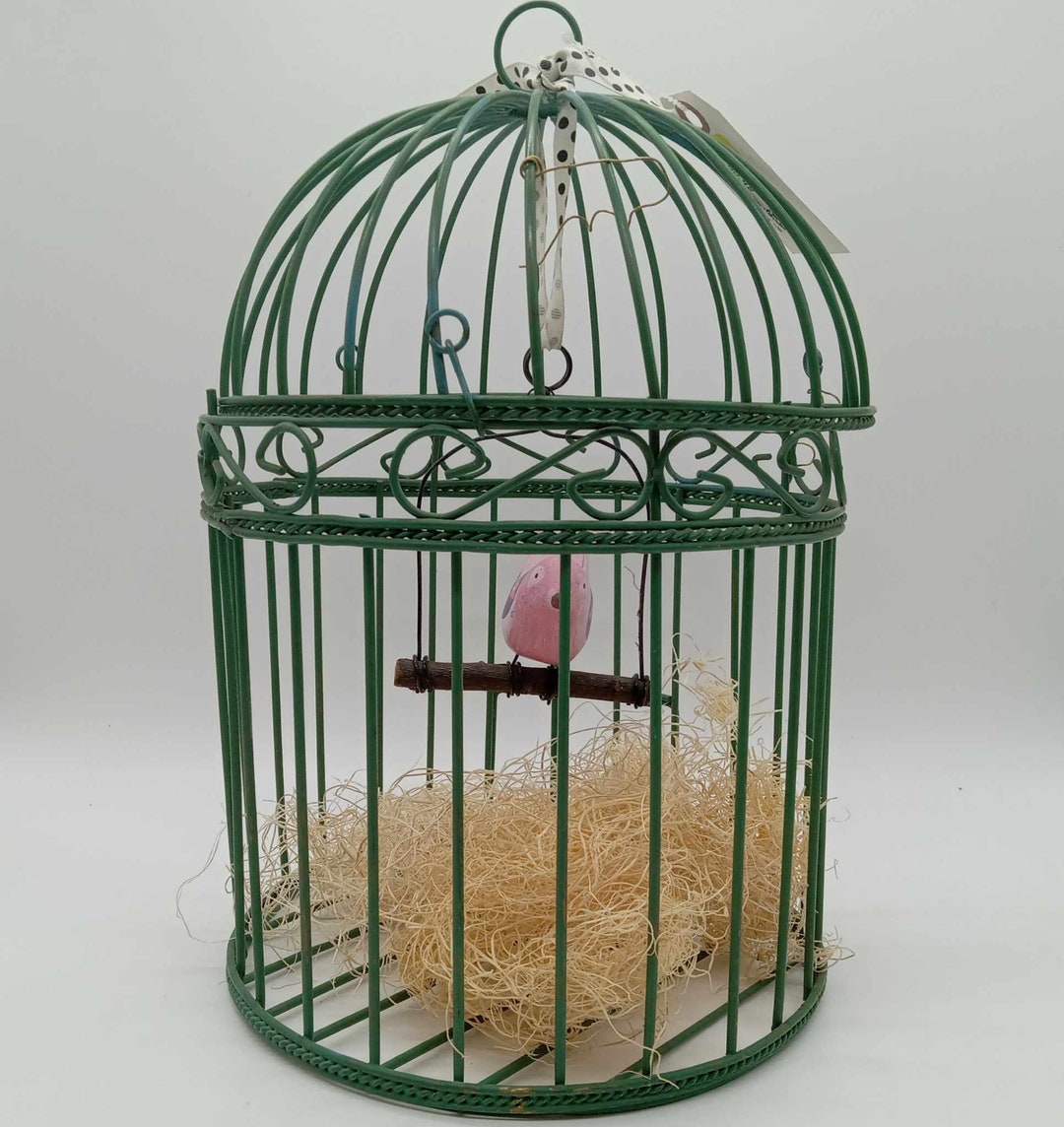 Vintage Green Bird Cage W/ Bird in Swing and Nest - Etsy