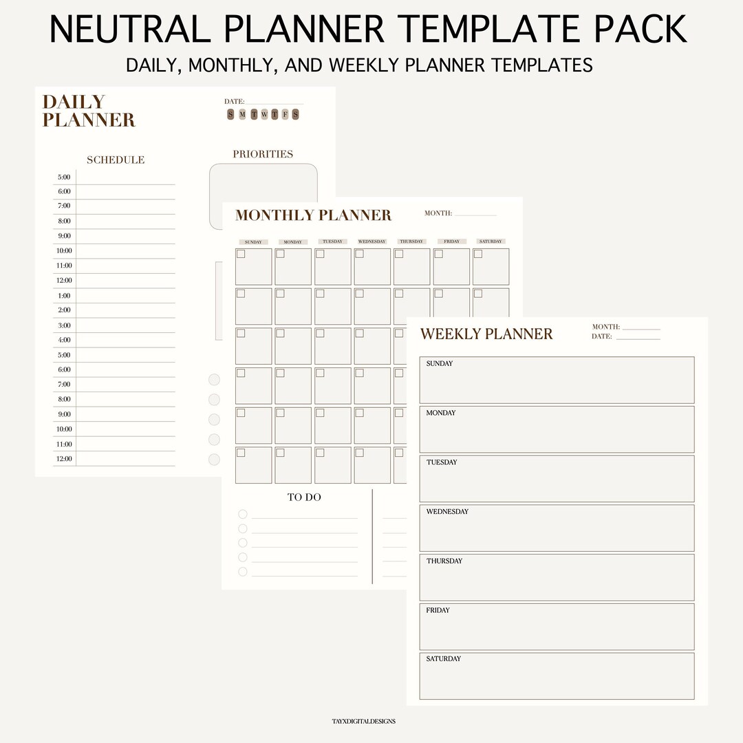 Daily, Weekly, Monthly Planner Template Pack in Neutral! Task Tracker ...
