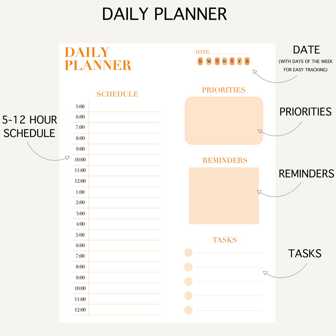 Daily, Weekly, Monthly Planner Template Pack in Orange Task Tracker ...