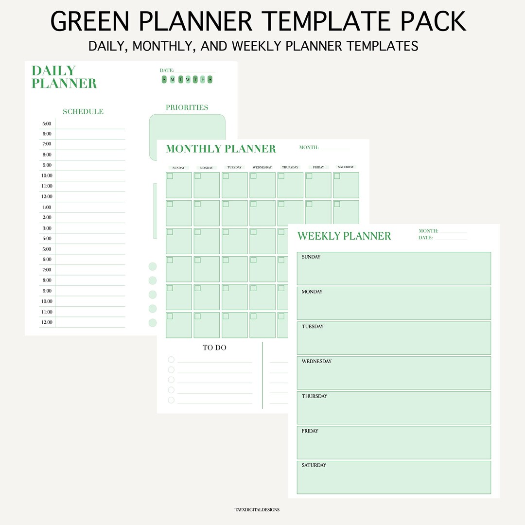 Daily, Weekly, Monthly Planner Template Pack in Green! Task Tracker ...