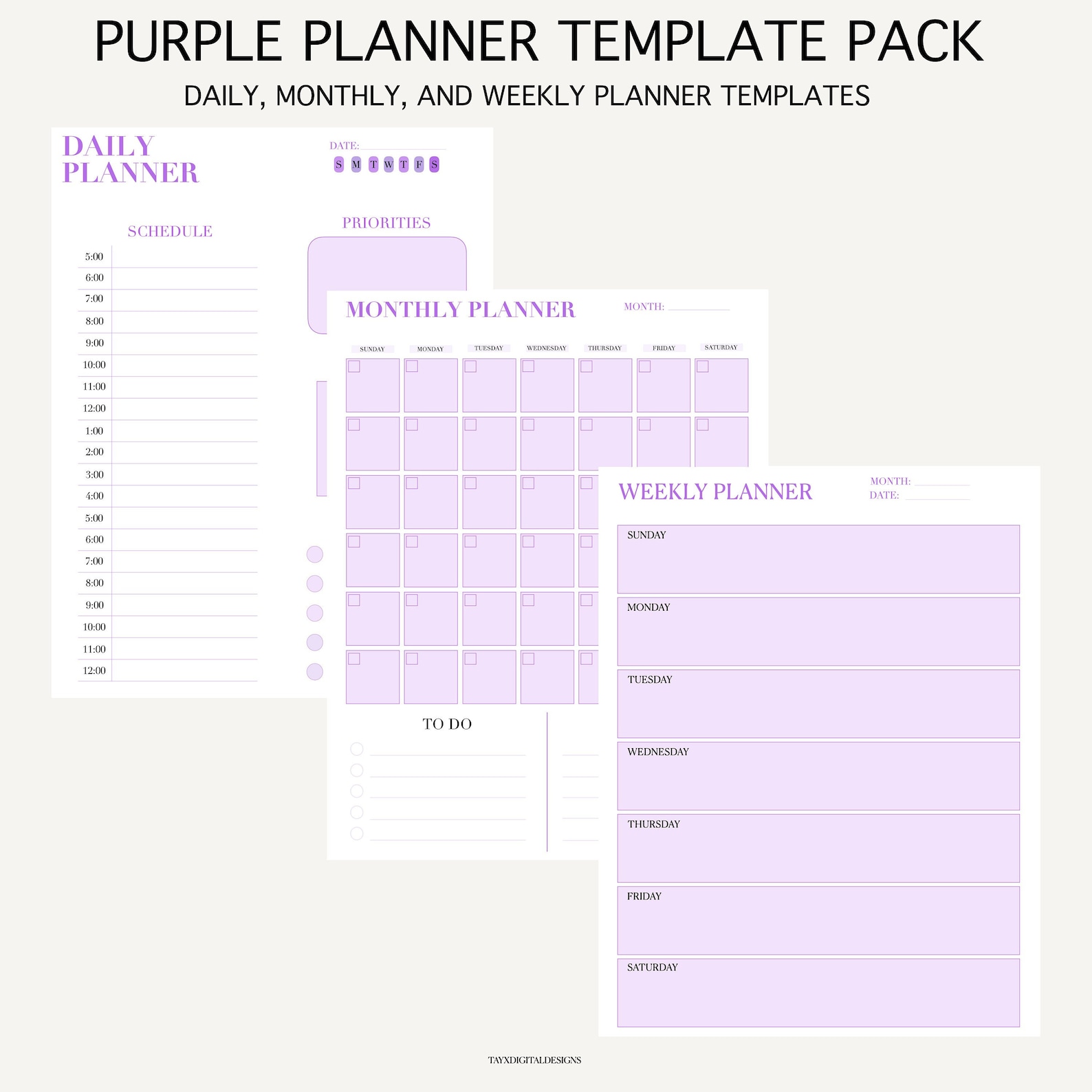 Daily, Weekly, Monthly Planner Template Pack in Purple! Task Tracker ...