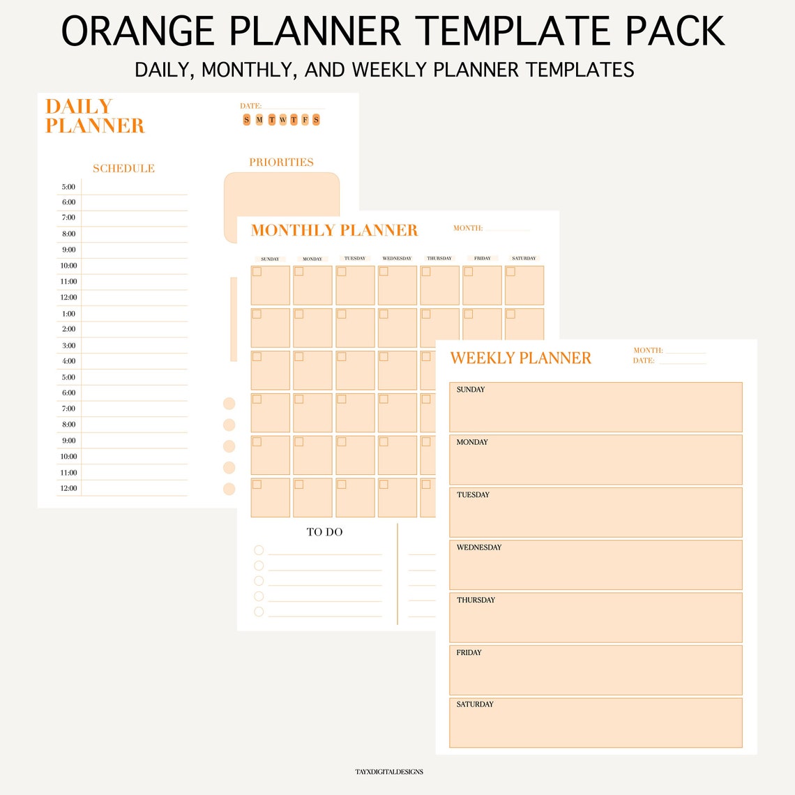 Daily, Weekly, Monthly Planner Template Pack in Orange Task Tracker ...