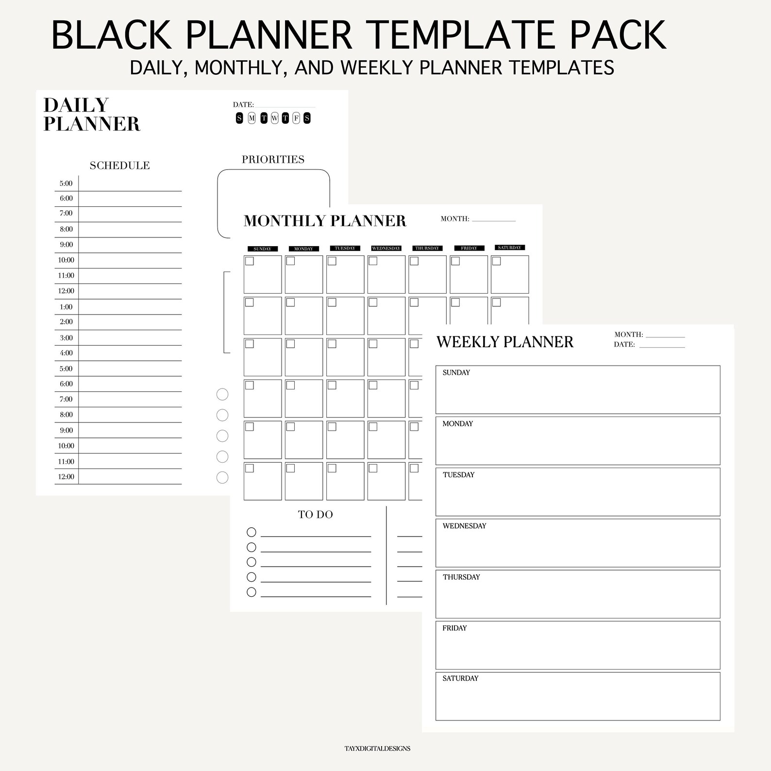 Daily, Weekly, Monthly Planner Template Pack in Black! Task Tracker ...