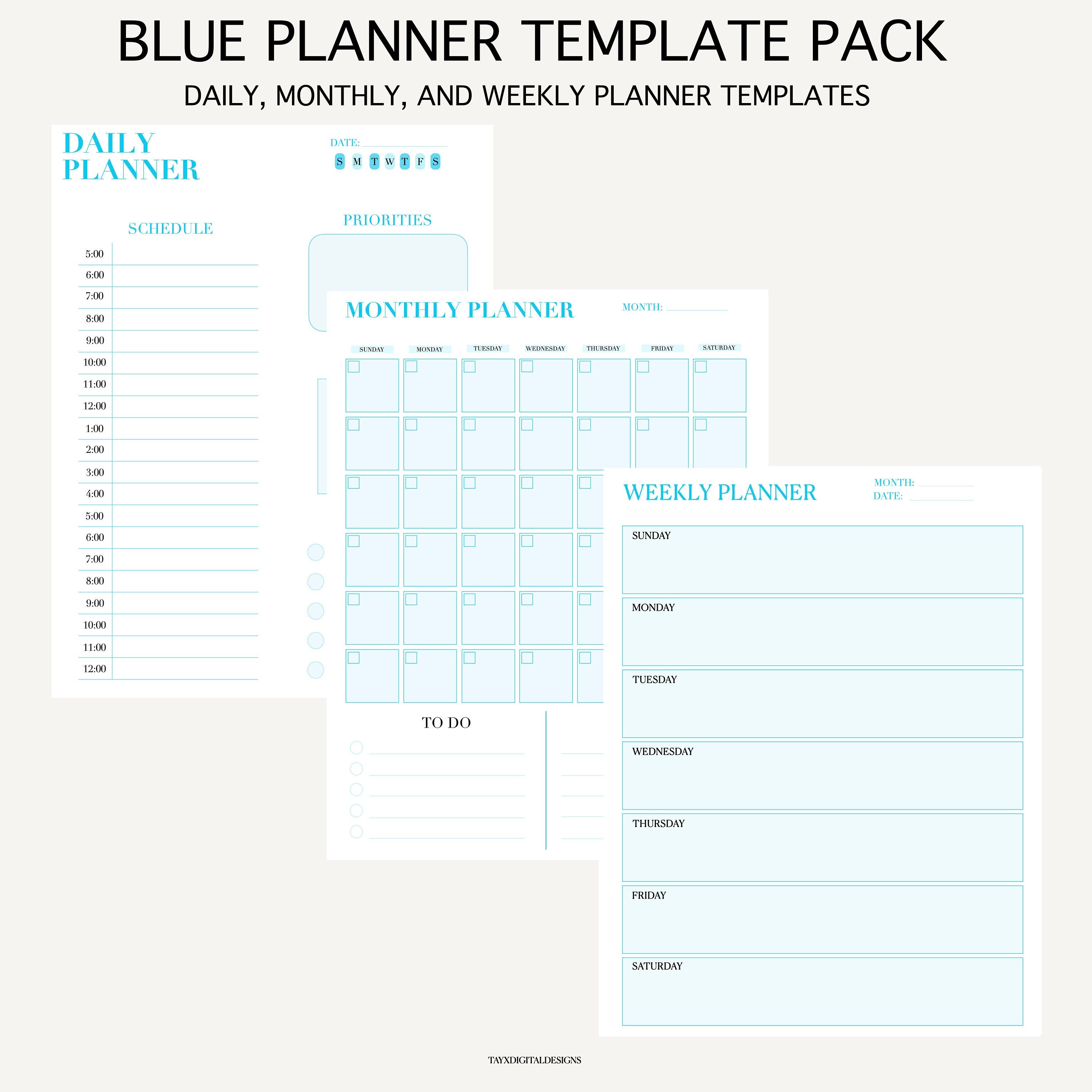 Daily, Weekly, Monthly Planner Template Pack in Blue! Task Tracker ...