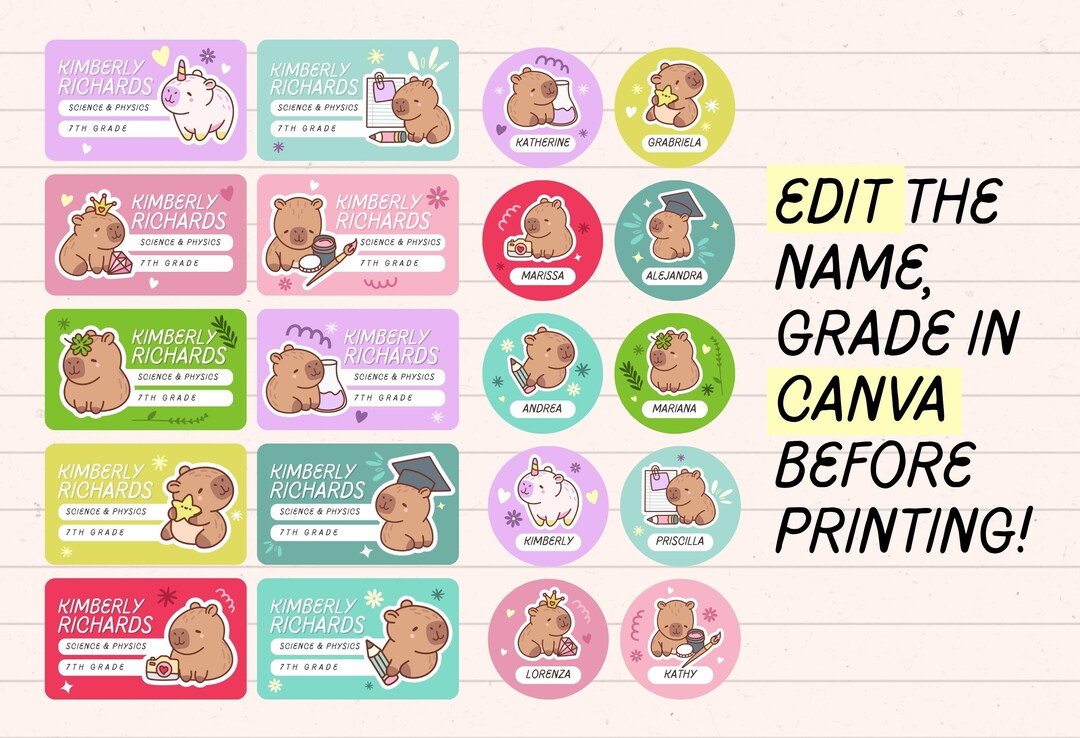 Capybara Name Labels for School Supplies: Printable Stickers (digital ...