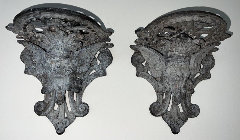 Gothic Gargoyle Cast Iron Metal Wall Shelf Sconce Pair Bacchus Face ...