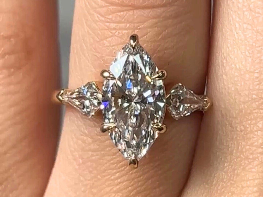 2.40 Carat Marquise Cut Lab Grown Diamond Three Stone Engagement Ring ...