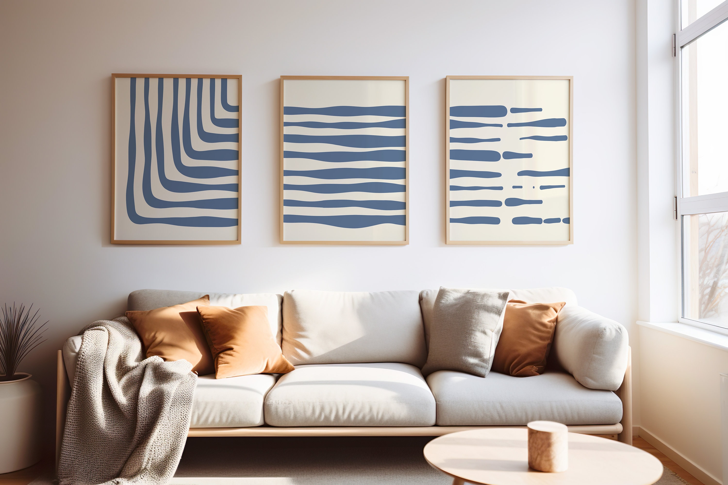 Minimalist Marine Blue Wall Art Set of 3, Blue and Cream Printable ...