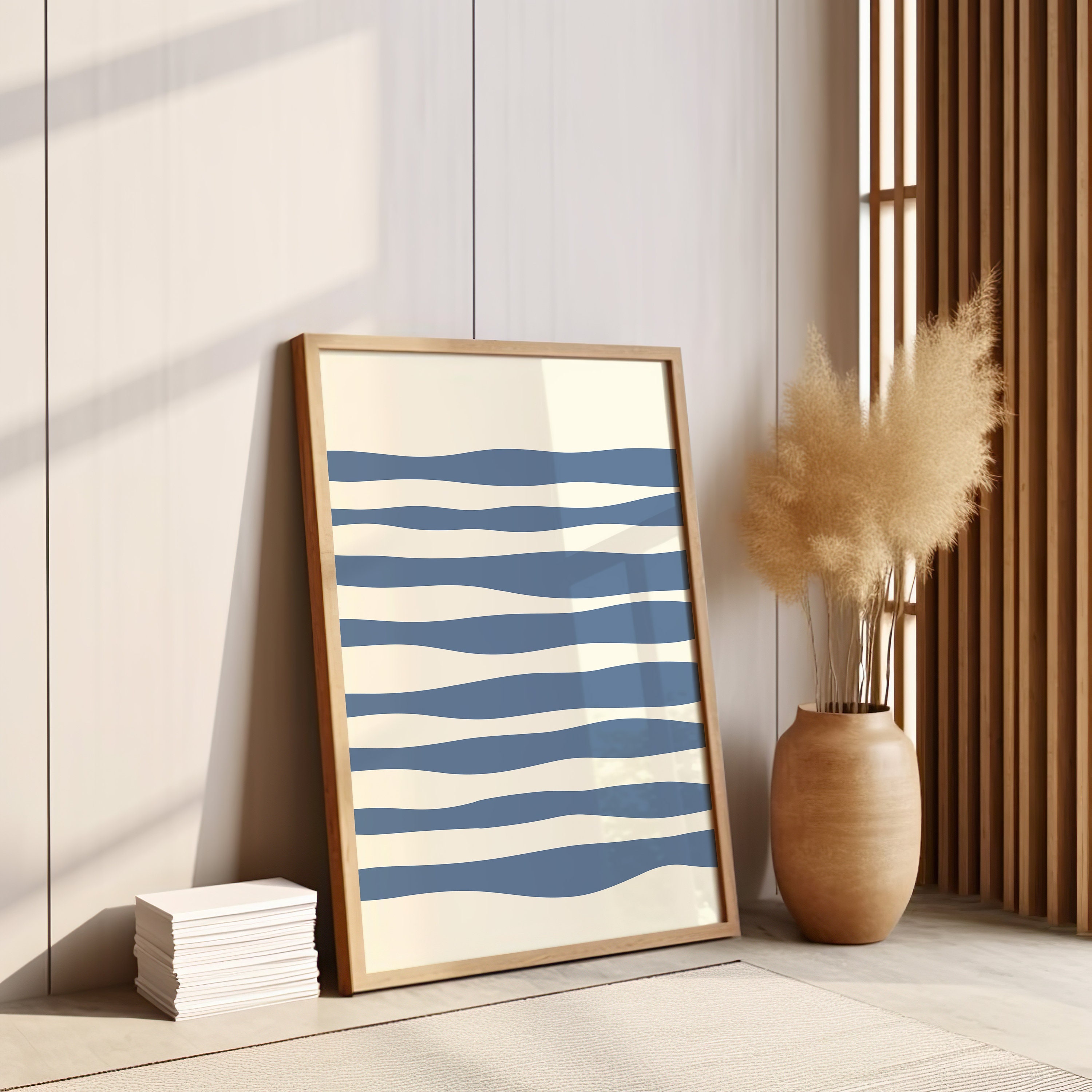 Minimalist Marine Blue Wall Art Set of 3, Blue and Cream Printable ...