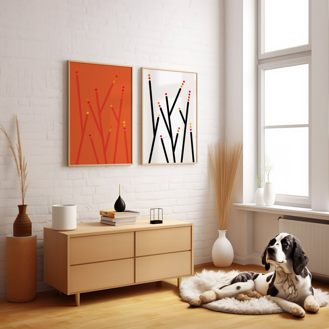 Red, Yellow, Black Lines and Dots Art, Minimalist Line Art, Printable ...