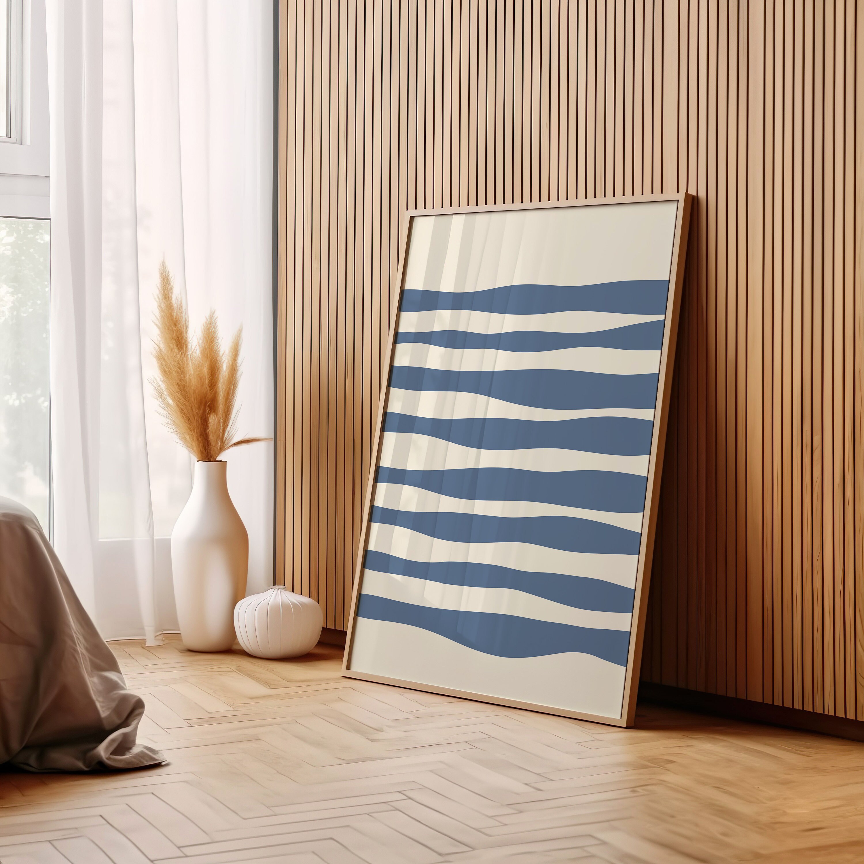 Minimalist Marine Blue Wall Art Set of 3, Blue and Cream Printable ...