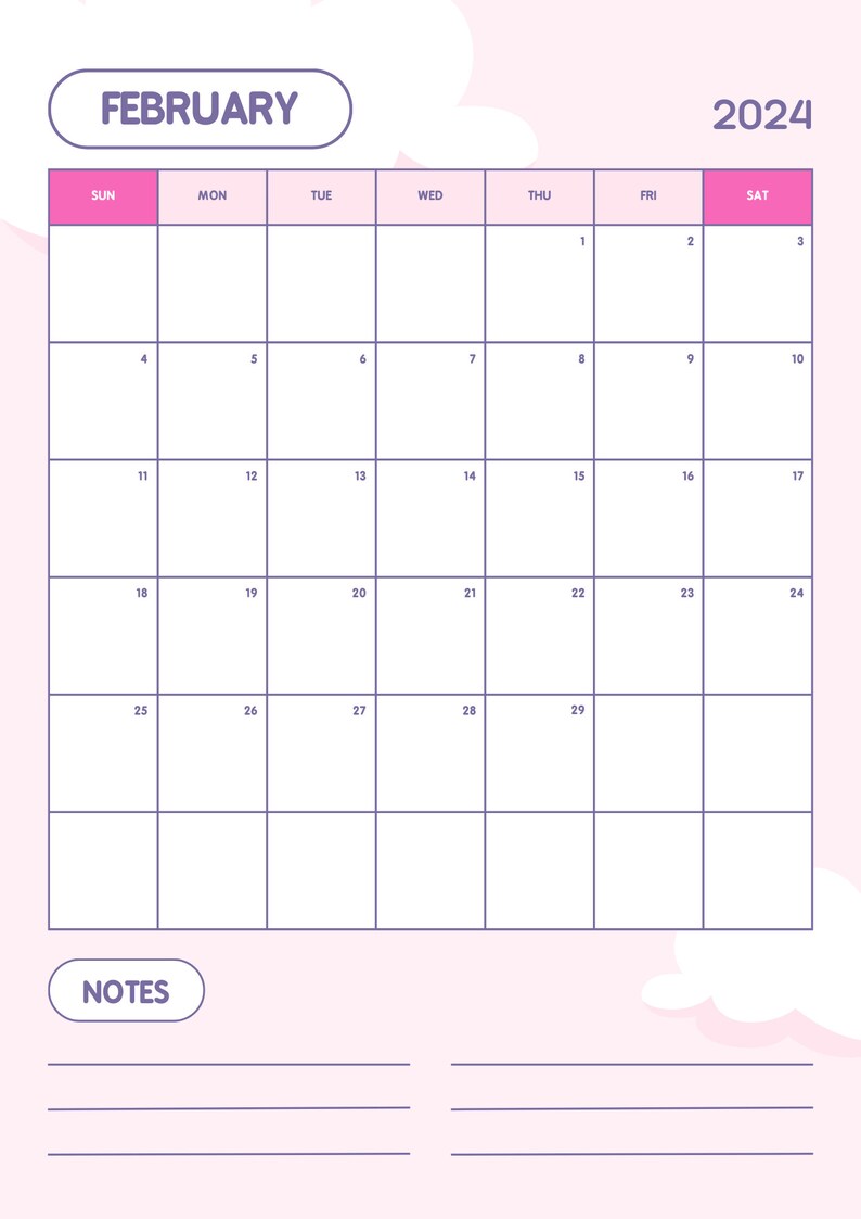 Pastel Pink Cute Illustrative 2024 With Notes Calendar A4 PDF 2024 ...