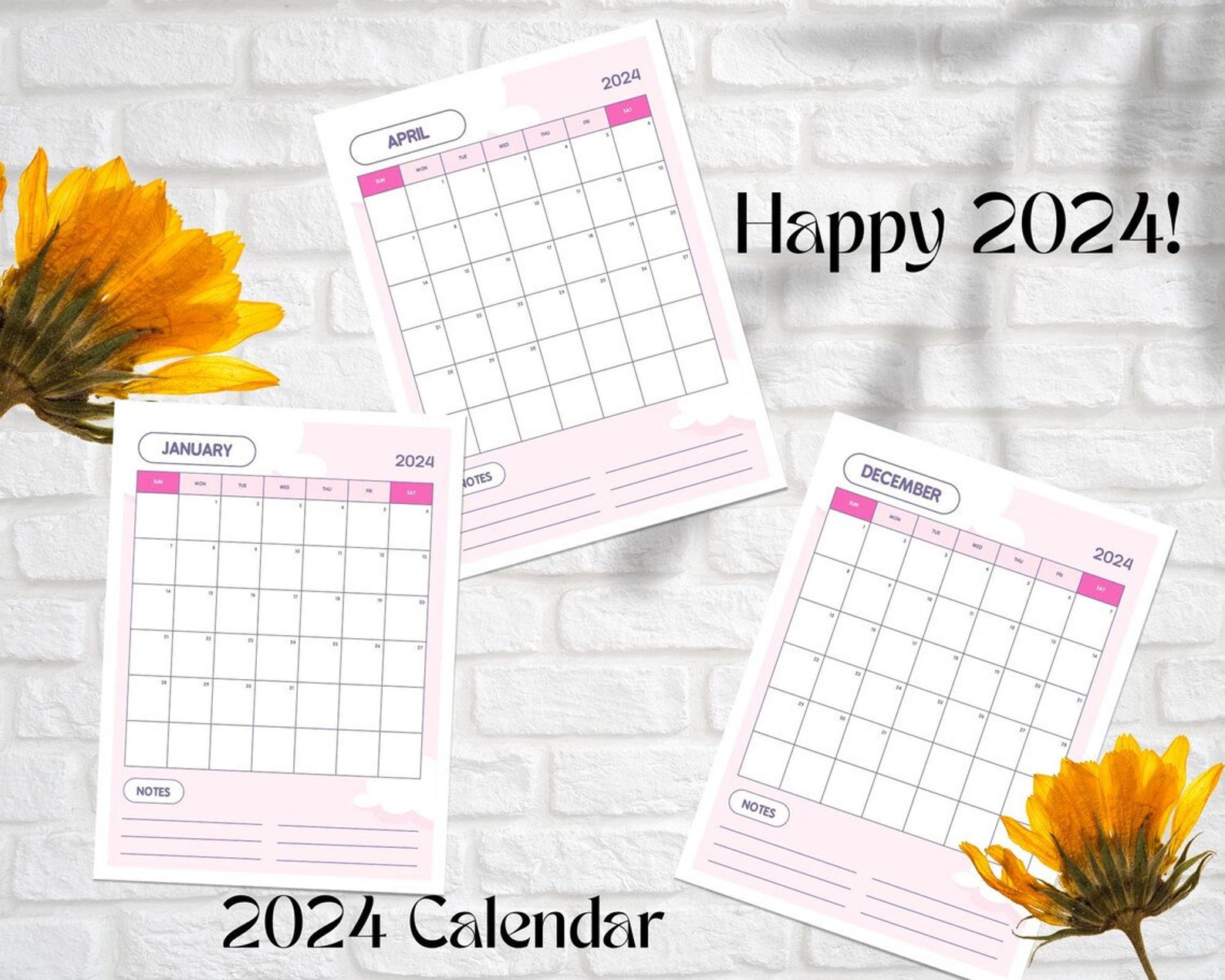 Pastel Pink Cute Illustrative 2024 With Notes Calendar A4 PDF 2024 ...