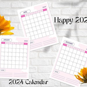 Pastel Pink Cute Illustrative 2024 With Notes Calendar A4 PDF 2024 ...